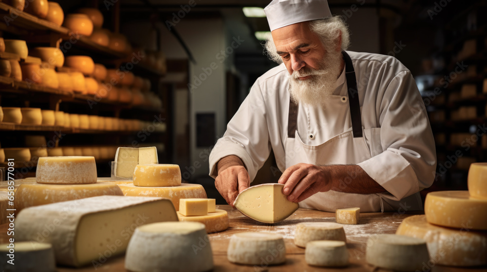 Cheesemaker is controlling the seasoning lots of wheels of parmesan ...