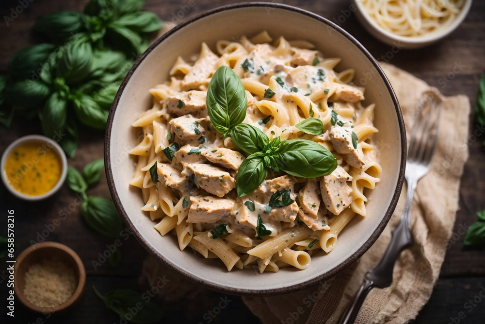 Chicken Alfredo Pasta Above Close-Up Photo. Top view of Creamy Chicken ...