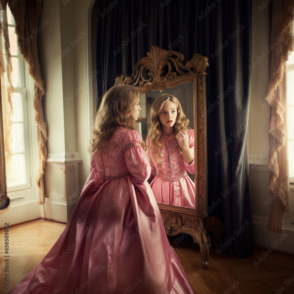 Narcissist princess girl wearing pink dress and admiring her reflection ...