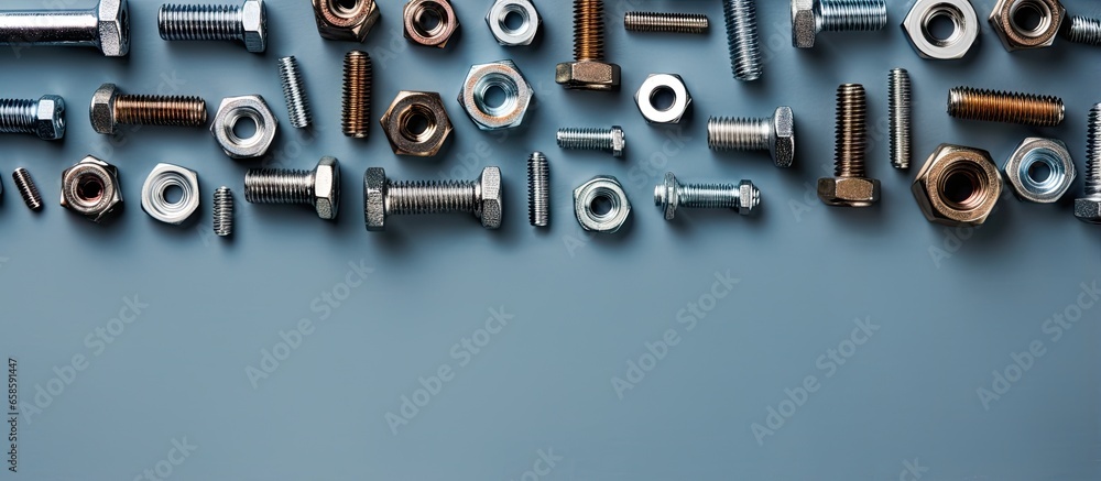 Various sizes of bolts nuts and more isolated pastel background Copy ...