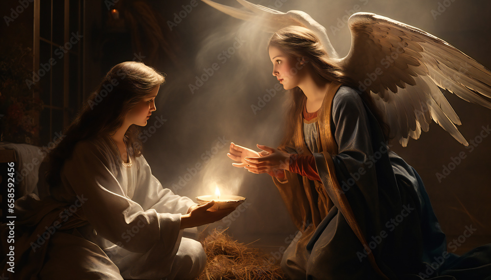 Artistic pictoric recreation of The Annunciation by the archangel ...