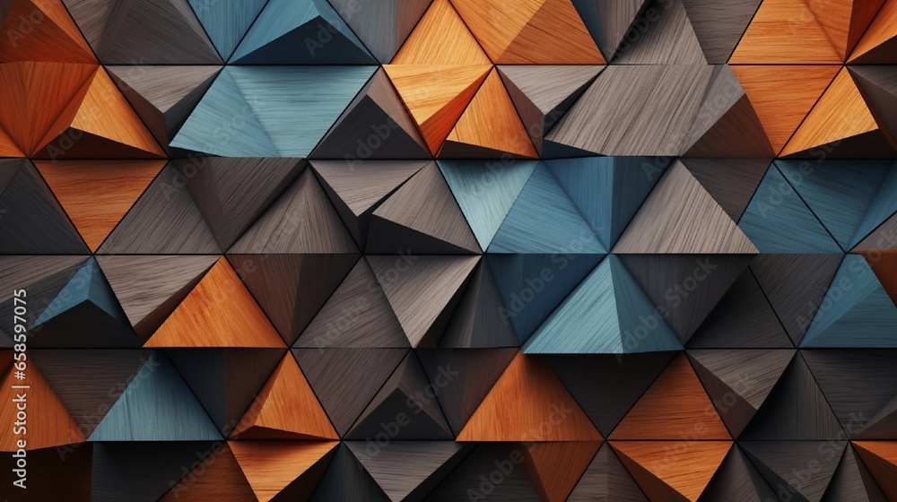 3d illustration. Wooden triangles on a background of wood. Abstract low ...