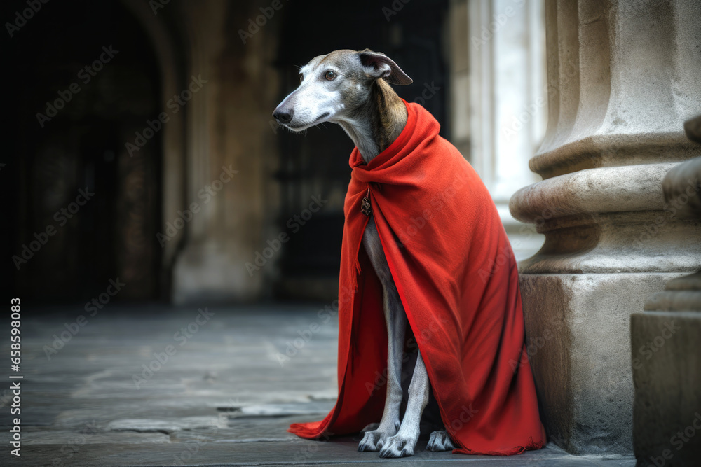 Portrait of a greyhound wearing a red cape in a medieval castle ...