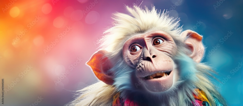 Cheerful happy monkey animals dressed as clowns on a colorful ...