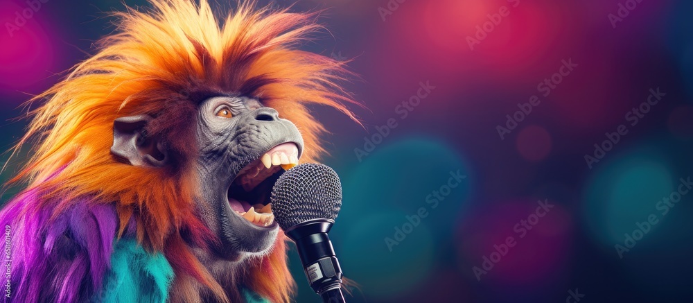 Cheerful happy monkey animals dressed as clowns on a colorful ...