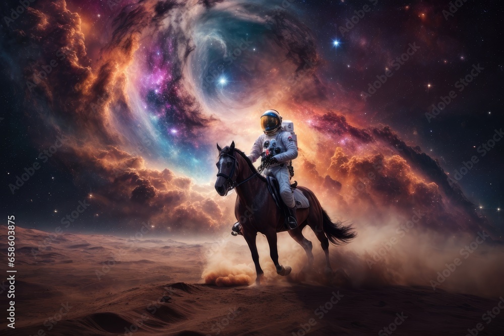 Astronaut riding a horse in space. Elements of this image furnished by ...