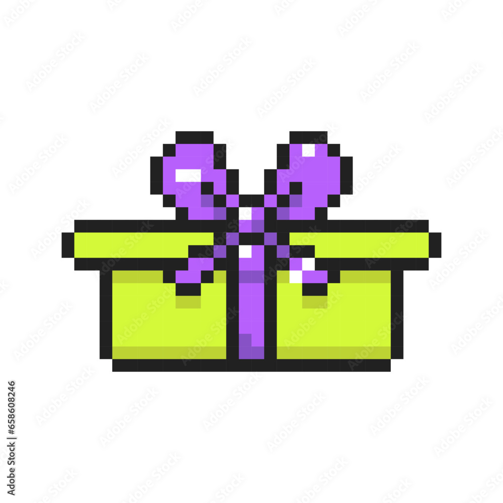 Pixel art present of gift box with bows, 8-bit present package. Pixel ...
