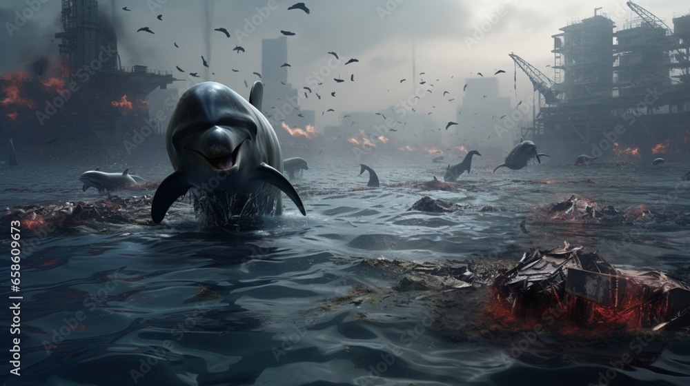 dolphins in polluted waters: A dystopian scenario. Stock Photo | Adobe ...