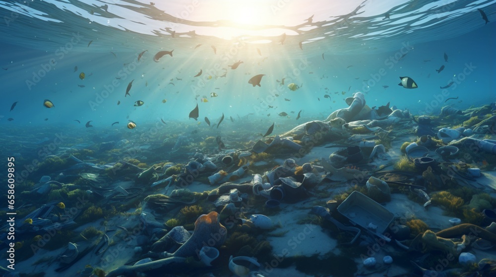 Garbage patches in the sea: Pollution's impact on sea creatures. Stock ...