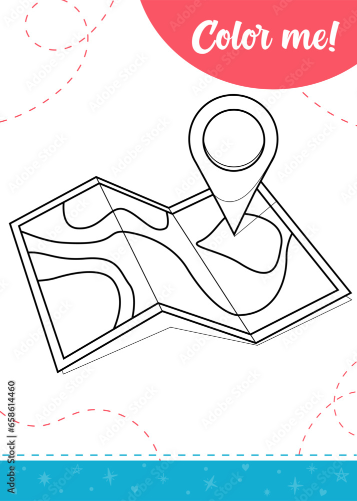 Coloring page for kids with cartoon map and pin pointer. A printable ...