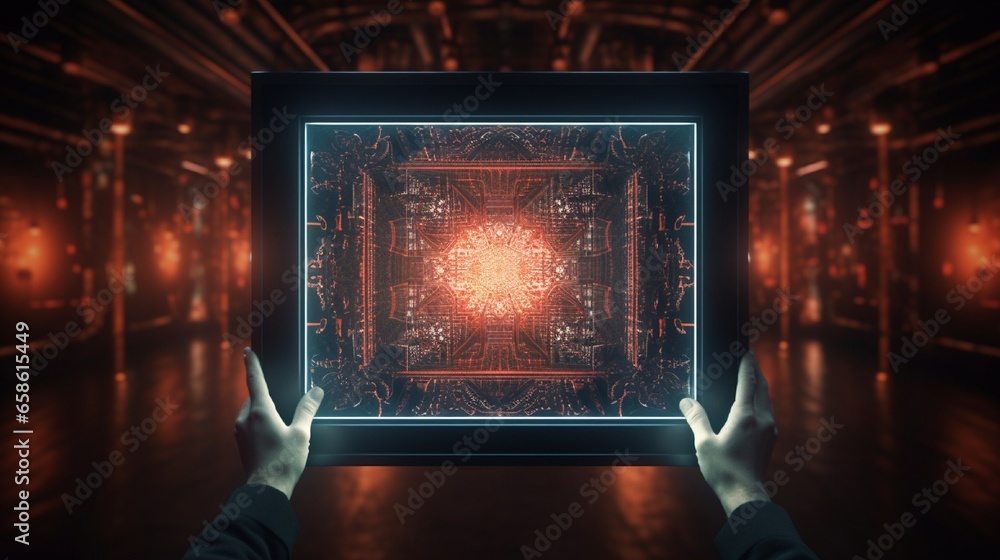 A holographic frame displaying ever-changing abstract patterns, hanging ...