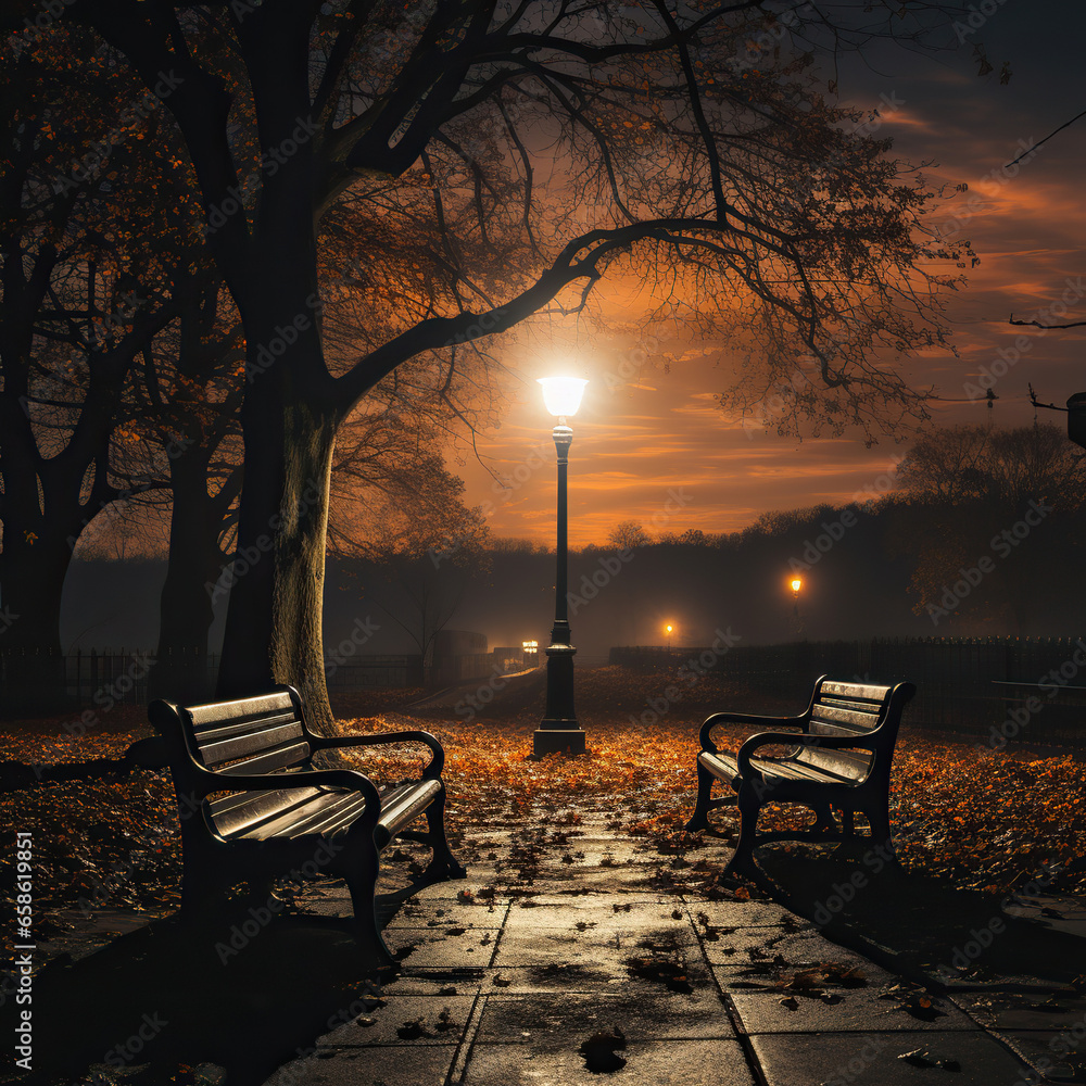 Moonlit Solitude: A Park Bench on a Wet Sidewalk at Night,bench in the ...