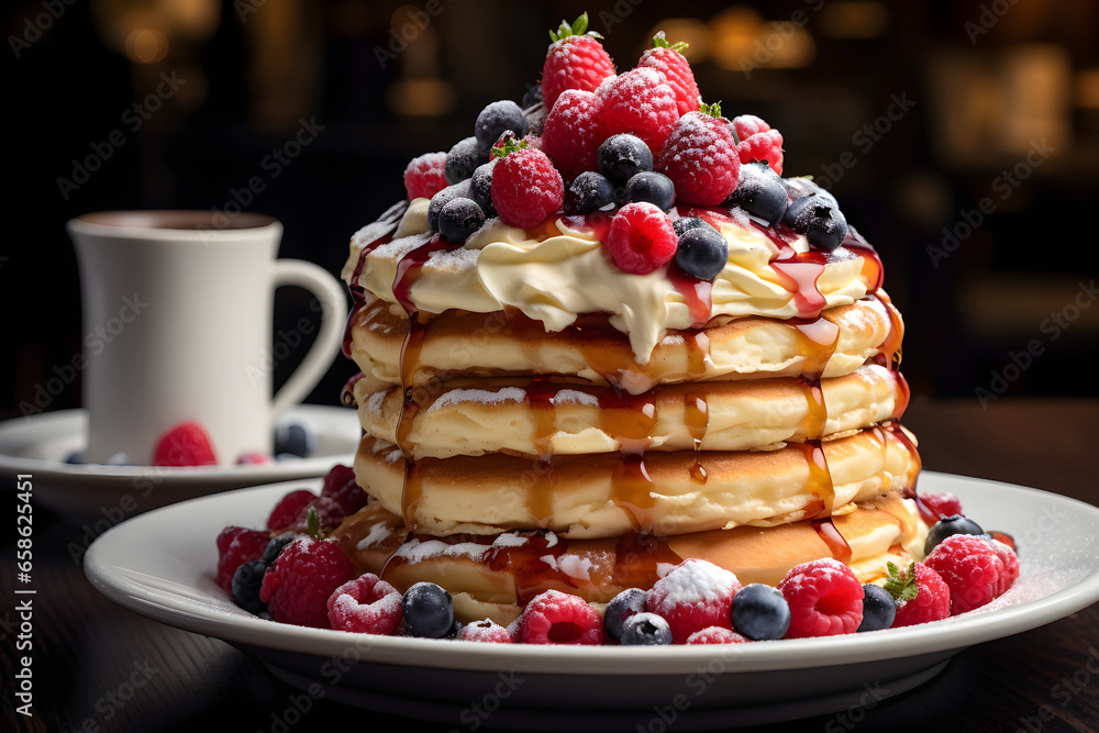 Towering stack of fluffy pancakes and assorted cakes - a decadent feast ...