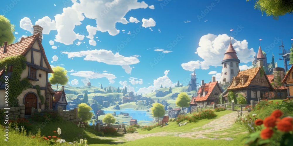 Cartoon Medieval Village on a Background of Lake and Hills Stock ...