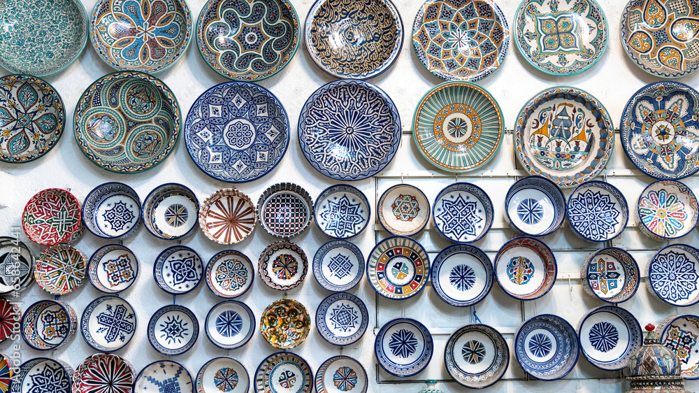 Moroccan pottery with colorful ceramics and pottery displayed outside ...