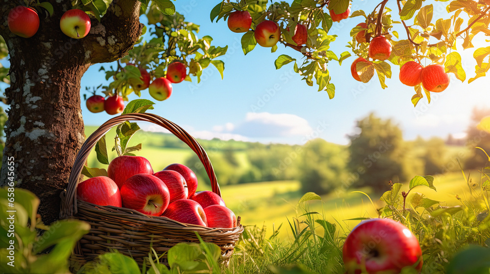 apple trees in an open field with sun, basket full apples under tree ...
