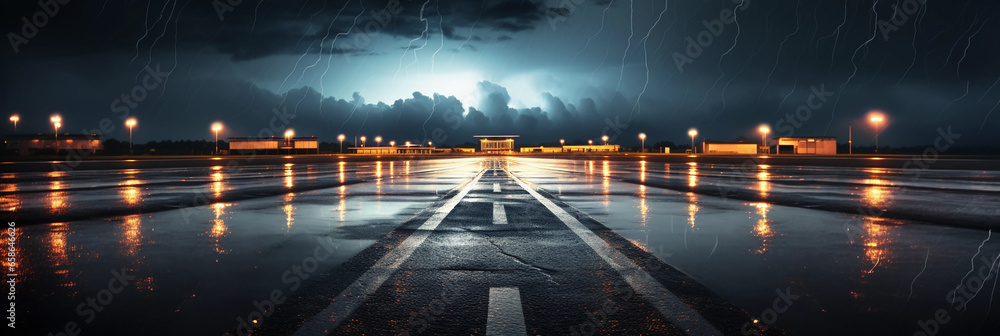 airport runway during a thunderstorm, lightning in the sky illuminating ...
