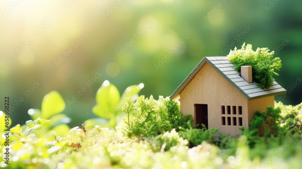 wooden house on the green grass with sun shine Stock Photo | Adobe Stock