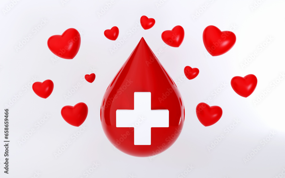 3D rendering of blood drop with white cross mark and mini hearts, on ...