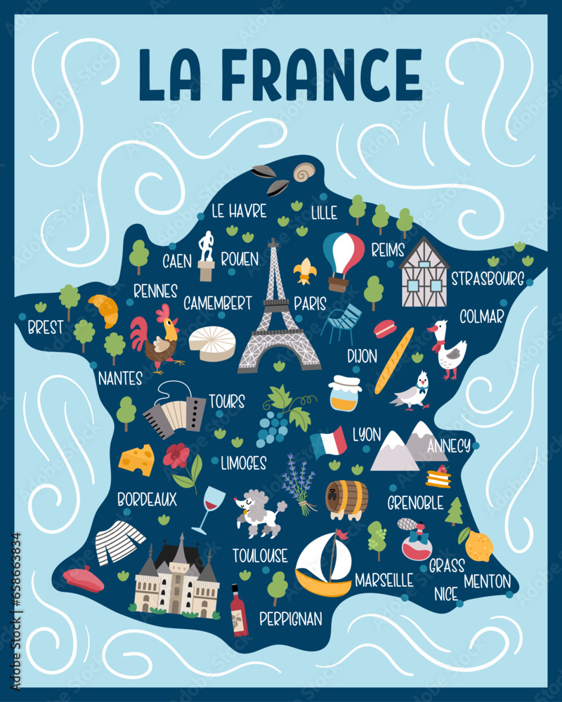 Vector France map. Cartoon postcard with French places of interest ...