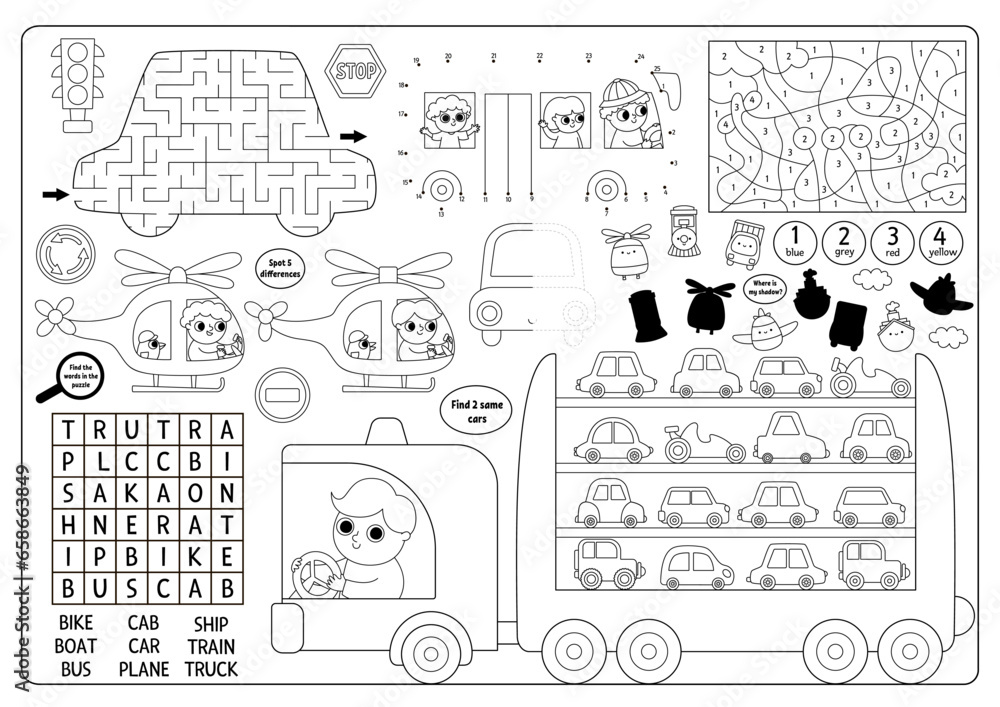Vector transportation placemat. Transport line printable activity mat ...