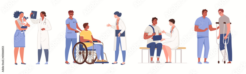 Set of illustrations of trauma doctors and patients. Traumatology ...