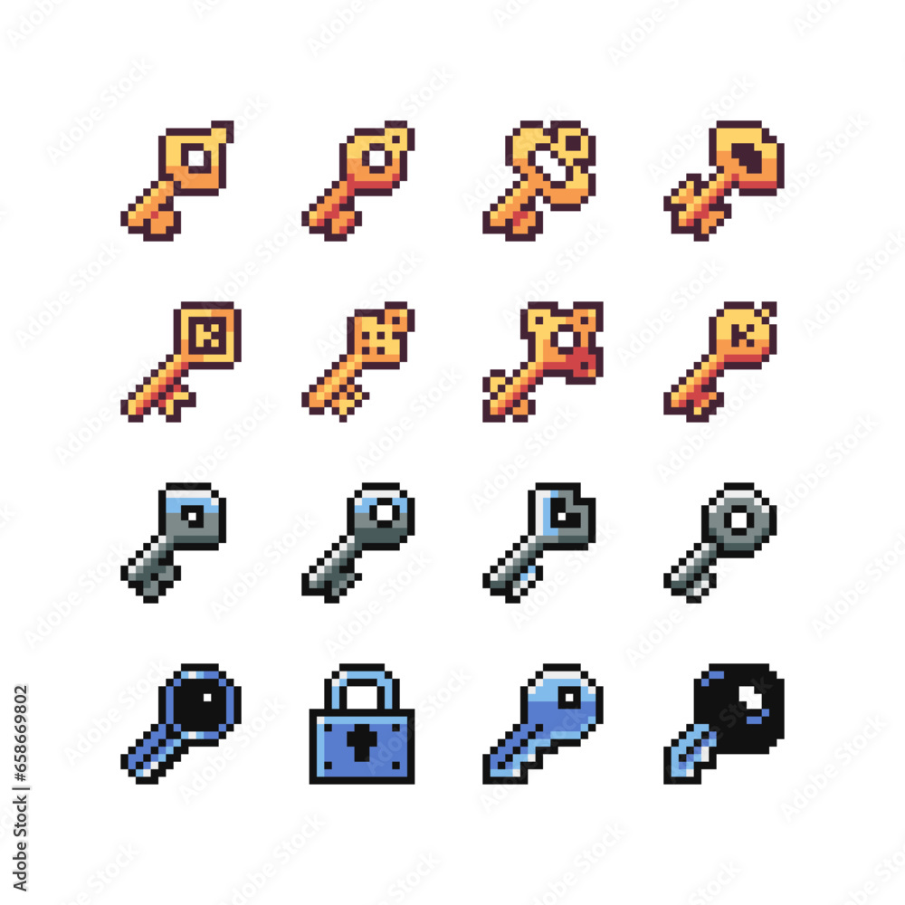 Vintage key pixel art icons set, isolated vector illustration on white ...