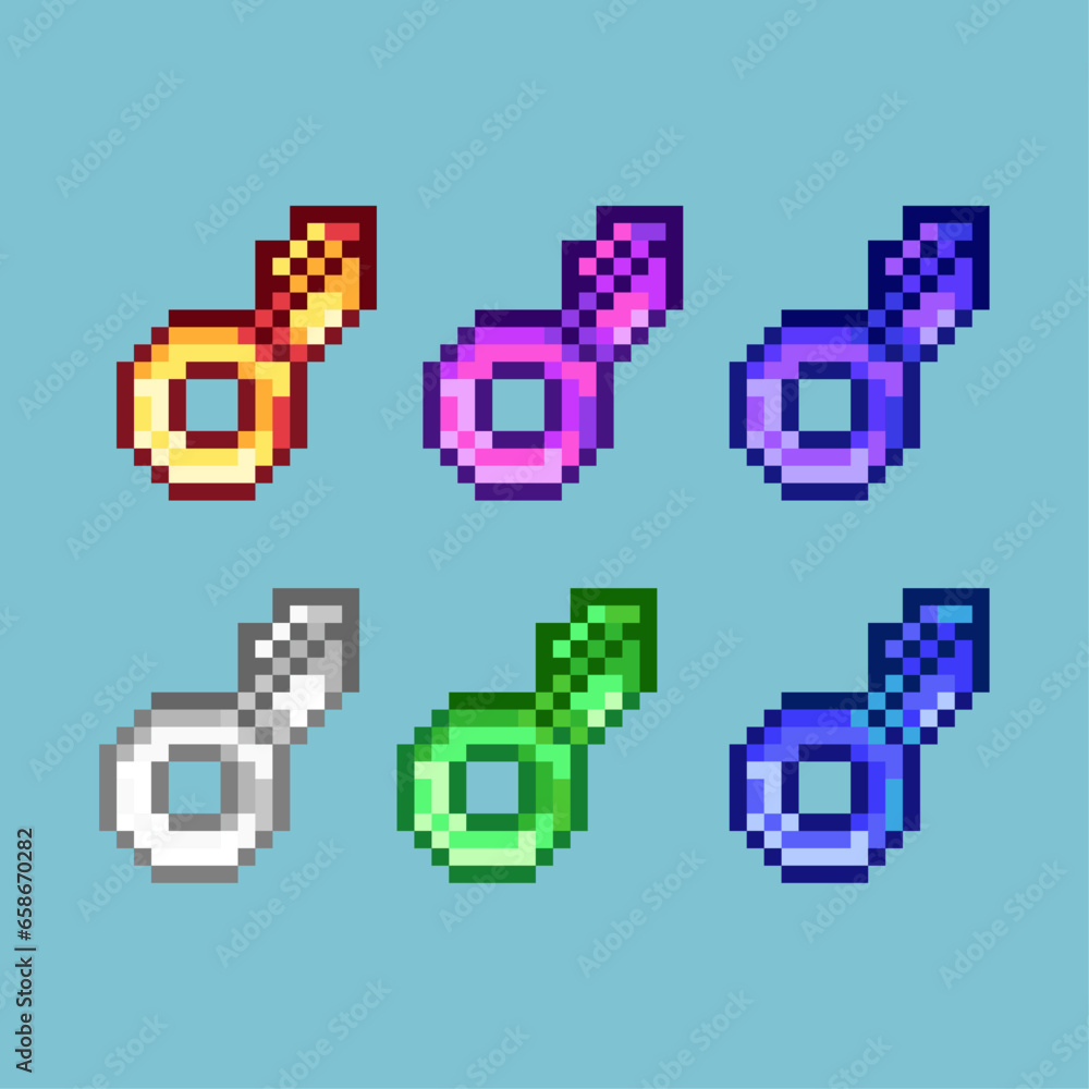 Pixel art sets of key with variation color item asset. Simple bits of gold key on pixelated ...