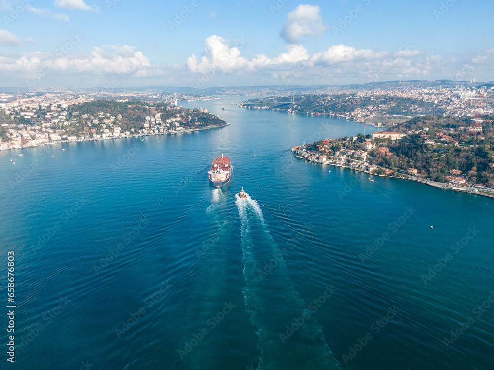 Aerial front view Container cargo ship full carrier container with ...