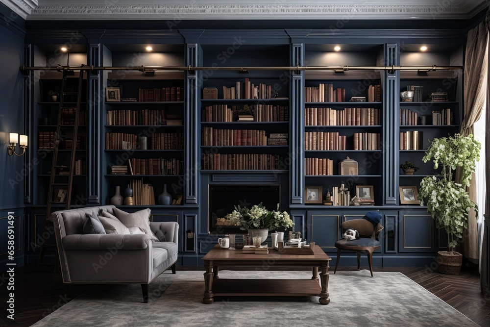 library denroom home interior design and decoration blue color classic ...