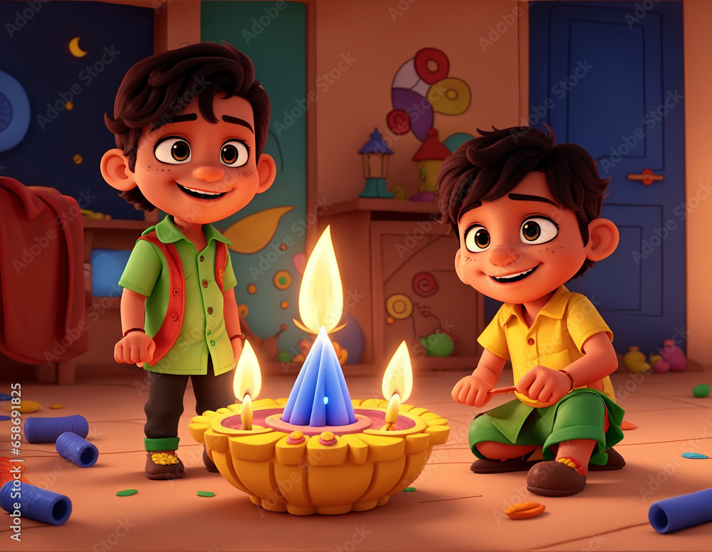 Cartoon Kids celebrating Diwali at home with firecrackers, Candles ...