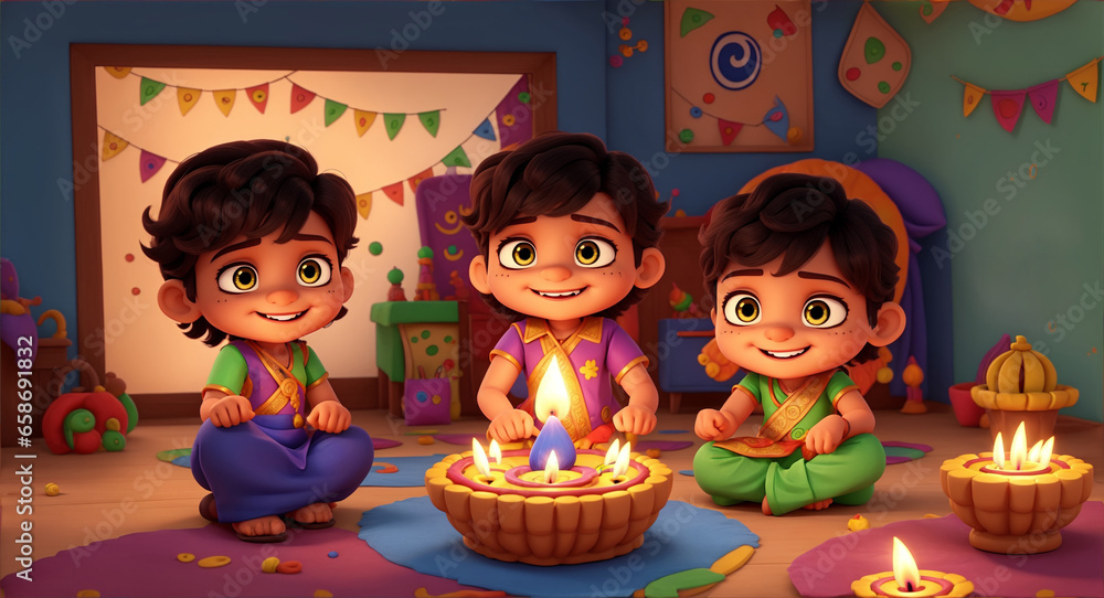 Cartoon Kids celebrating Diwali at home with firecrackers, Candles ...