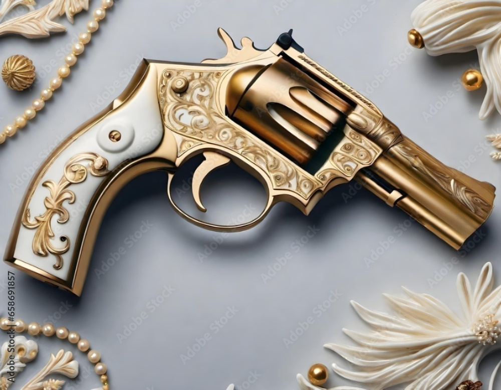 Golden revolver with ivory handles and engraved ornaments. generative ...