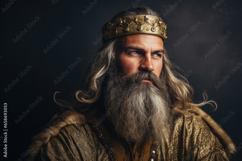 A picture of a man with a long beard wearing a golden crown. This image ...