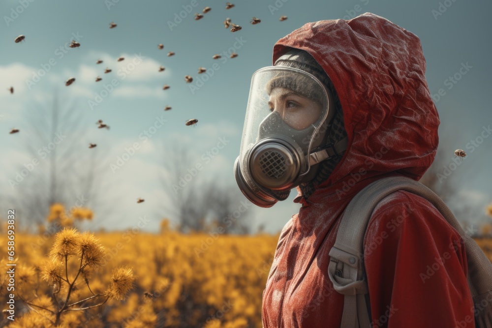 A person wearing a gas mask standing in a field surrounded by bees ...