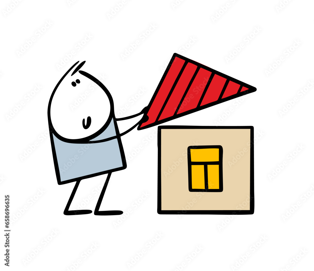 Cartoon stickman builder puts cute red roof on small house. Vector ...