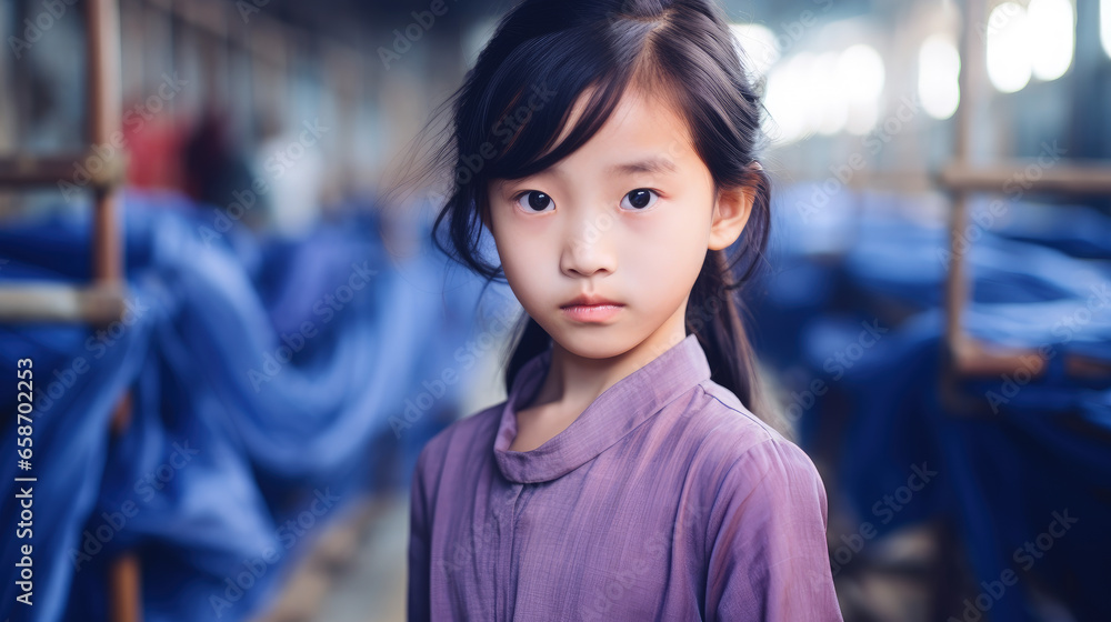 Small Asian girl's portrait with blurred textile factory background ...