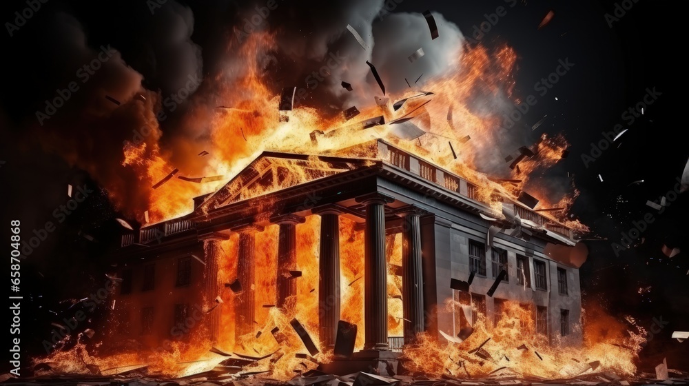 Bankruptcy symbolized by a burning financial bank building a bank crash ...