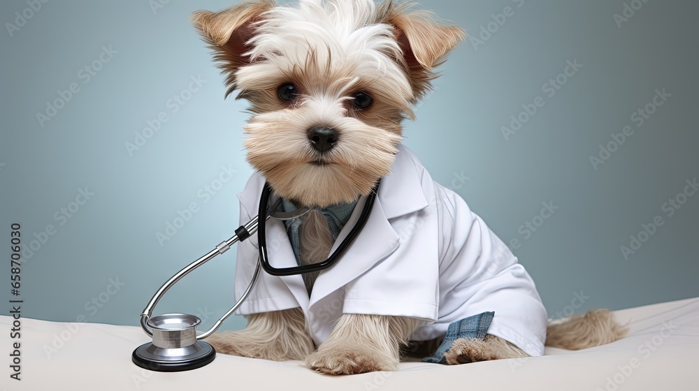 Cute small dog posing as a doctor on a white background indoors Stock ...