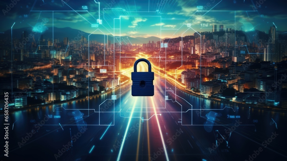 Cyber security success symbol on urban highway at night Traffic ...