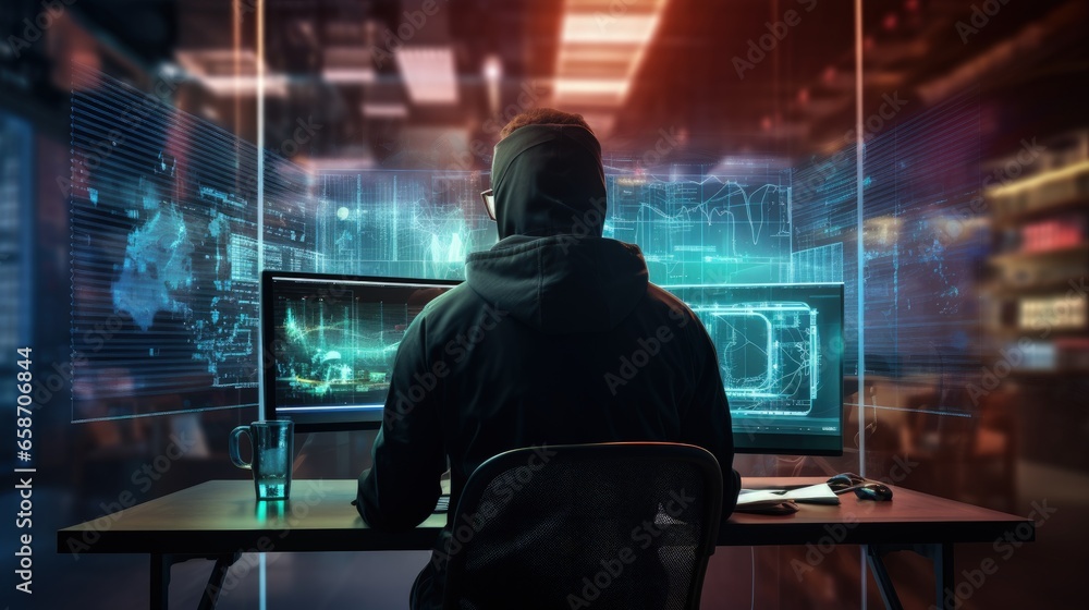 Hacker using computer with business chart on office background ...