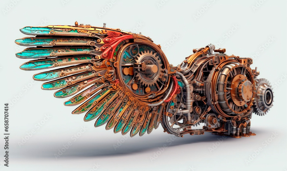 Steampunk wing with motor background. Futuristic 3d mechanical wings ...
