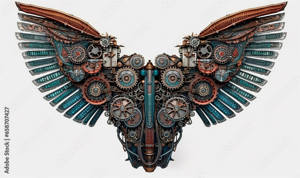 Steampunk wings with cogwheel background. Futuristic 3d mechanical wings with gears and steel ...