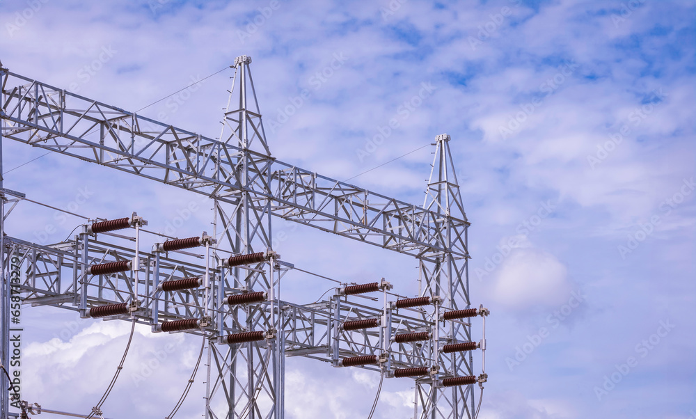 High voltage electric pylon structure with insulators of new power ...