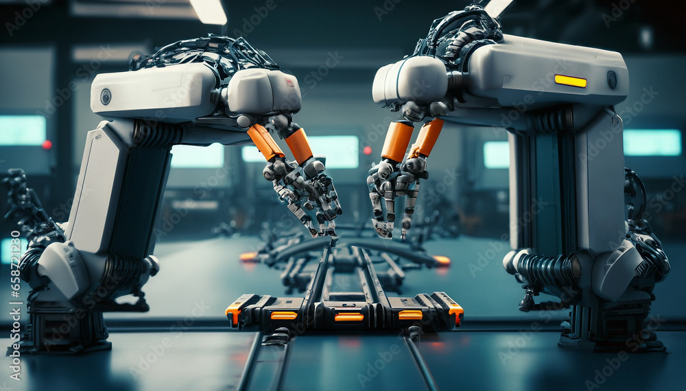 Futuristic factory automation, robots in synchronized motion, precision ...