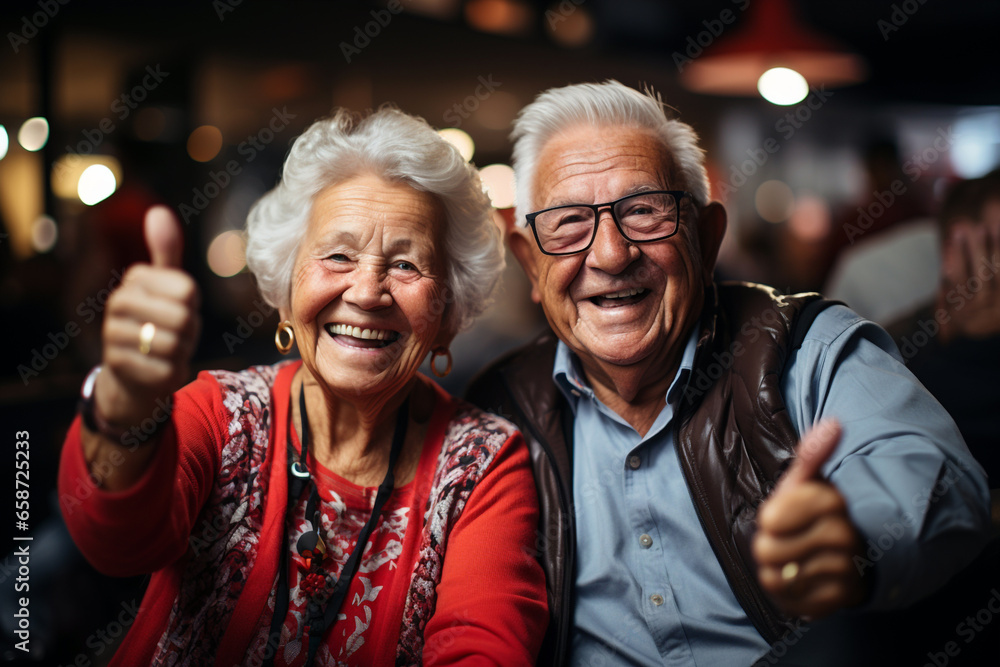 Happy funny cheerful senior couple showing thumb up smiling into camera ...
