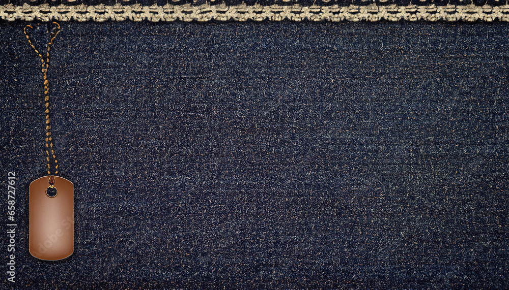 Black denim background with lace borders and small leather label, A ...