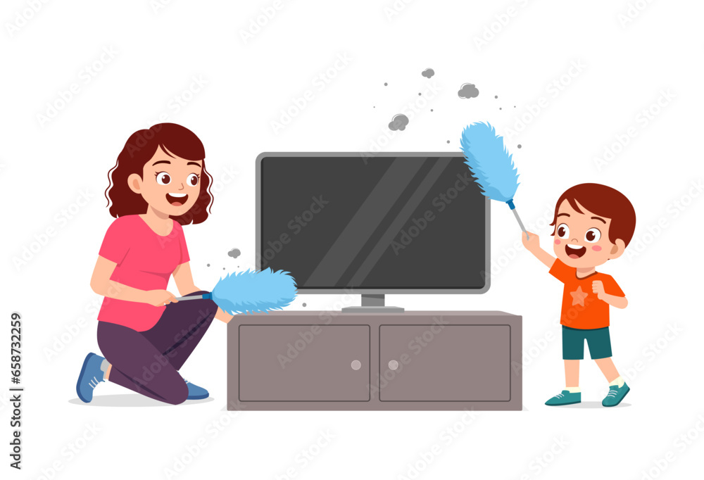 little kid helping mother cleaning dust Stock Vector | Adobe Stock