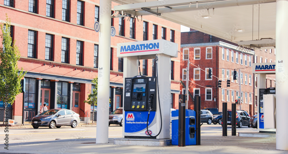 Boston, MA, USA, October, 7th 2023, Marathon gas station with towering ...