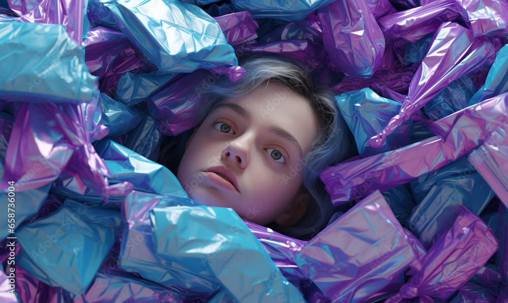 AI-generated photo of an obese girl buried under a mountain of candy ...